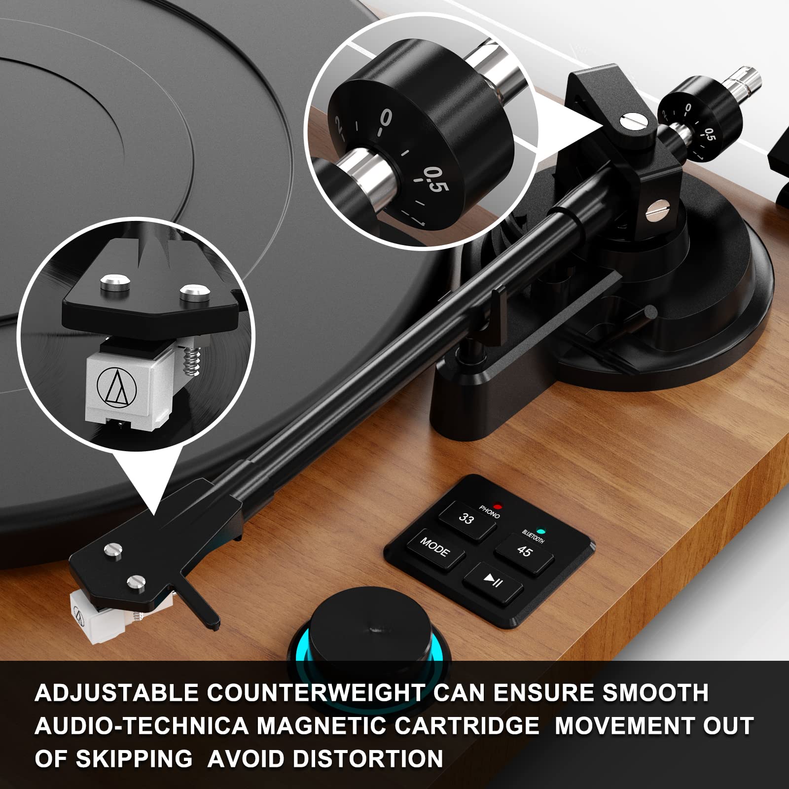 DIGITNOW Bluetooth Record Player for Vinyl with Speakers, Wireless Turntable with 36W High Fidelity Stereo Speakers,Wood Vinyl Player with Magnetic Cartridge & Adjustable Counter Weight,RCA output