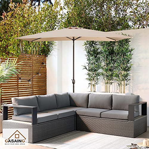 CASAINC 6.5 X10 FT Solar LED Rectangular Patio Umbrella Market Table Umbrella Outdoor Aluminium Umbrella with Push Button Tilt and Crank for Garden Lawn Deck Backyard Pool-Beige