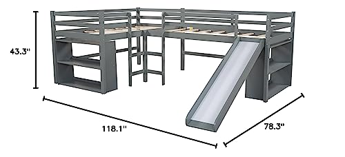 GLORHOME L-Shaped Twin Size Loft Bed, Space Saving Corner Loftbed Frame with Slide, Movable Two-Tier Shelves and Full-Length Guardrail for Kids,Modern Bedroom Furniture, Grey (Low loft Bed)