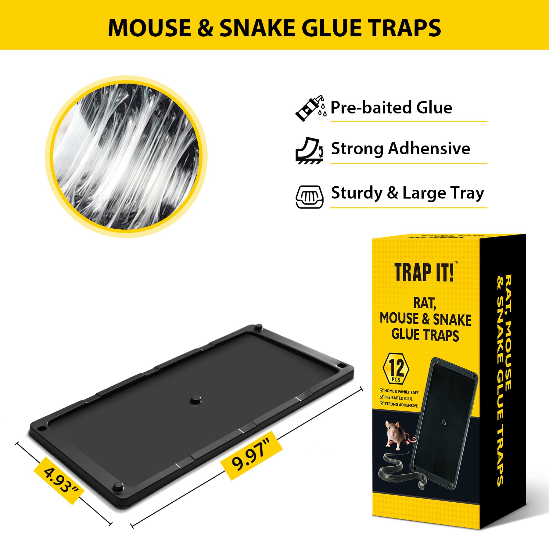 TRAP IT! Mouse Traps Indoor for Home, 12 Pack Pre-Baited Sticky Glue Traps for Mice & Rats, Larger Heavy Duty Adhesive Plastic Trays Pet Family Safe for Rodents, Snakes, Spiders, Lizards Pest Control