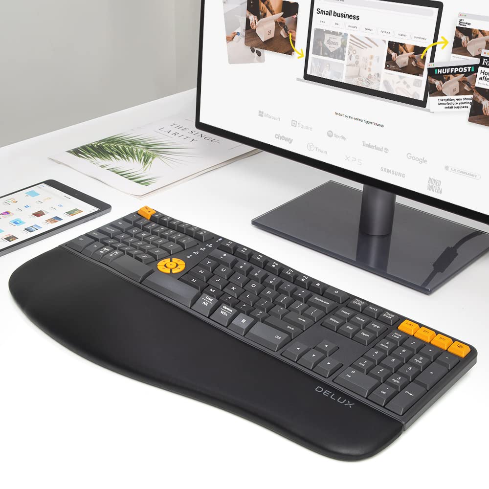 DeLUX Wireless Ergonomic Keyboard - Ergo Split Keyboard with Palm Rest for Natural Typing, 2.4G and Bluetooth, Full-Size, US Layout - Compatible with Windows and Mac OS (GM905, Graphite)