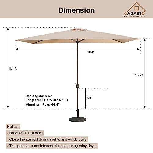 CASAINC 6.5 X10 FT Solar LED Rectangular Patio Umbrella Market Table Umbrella Outdoor Aluminium Umbrella with Push Button Tilt and Crank for Garden Lawn Deck Backyard Pool-Beige