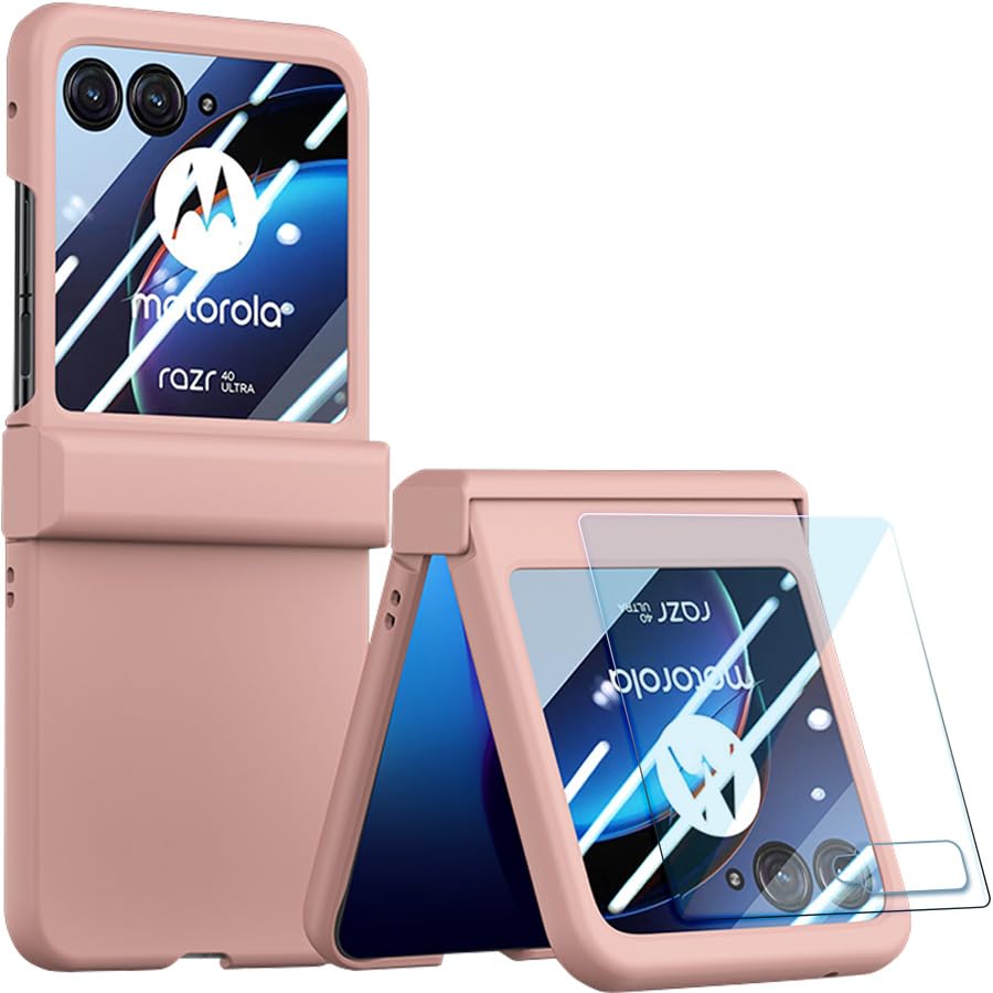 TOPSEM Case Compatible Motorola Razr 40 Ultra with Hinge Protection and External Screen Protector, Ultra Thin Slim Matte PC Non-Slip Shockproof Protective Cover for Moto Razr 40 Ultra(Pink)