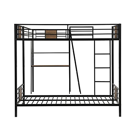 MOEO L-Shaped Twin Over Twin Metal Bunk Bed with Twin Size Loft Bedframe w/Desk and Shelf for 3 Kids, Adults, Bedroom, Bunkbed Attached, No Box Spring Need, Black