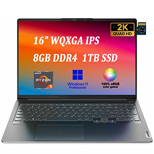 Lenovo Ideapad 5 Pro Laptop I 16" WQXGA IPS 100% sRGB Display I AMD 6-Core Ryzen 5 5600H (> i7-11375H) I 8GB DDR4 1TB SSD I Backlit Keyboard HDMI Dolby Win11 Pro Storm Grey + 32GB Micro SD Card