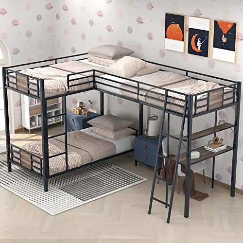 MOEO L-Shaped Twin Over Twin Metal Bunk Bed with Twin Size Loft Bedframe w/Desk and Shelf for 3 Kids, Adults, Bedroom, Bunkbed Attached, No Box Spring Need, Black
