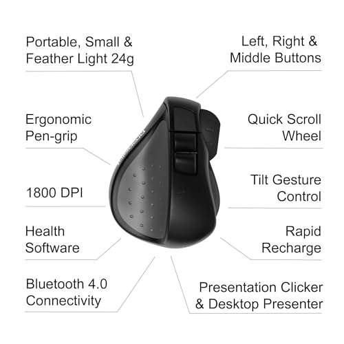 Swiftpoint ProPoint Wireless Ergonomic Mouse, Powerpoint Presentation Clicker & Laser Pointer, Bluetooth Rechargeable for Laptops & iPads, Portable Mini Travel Design (Black)