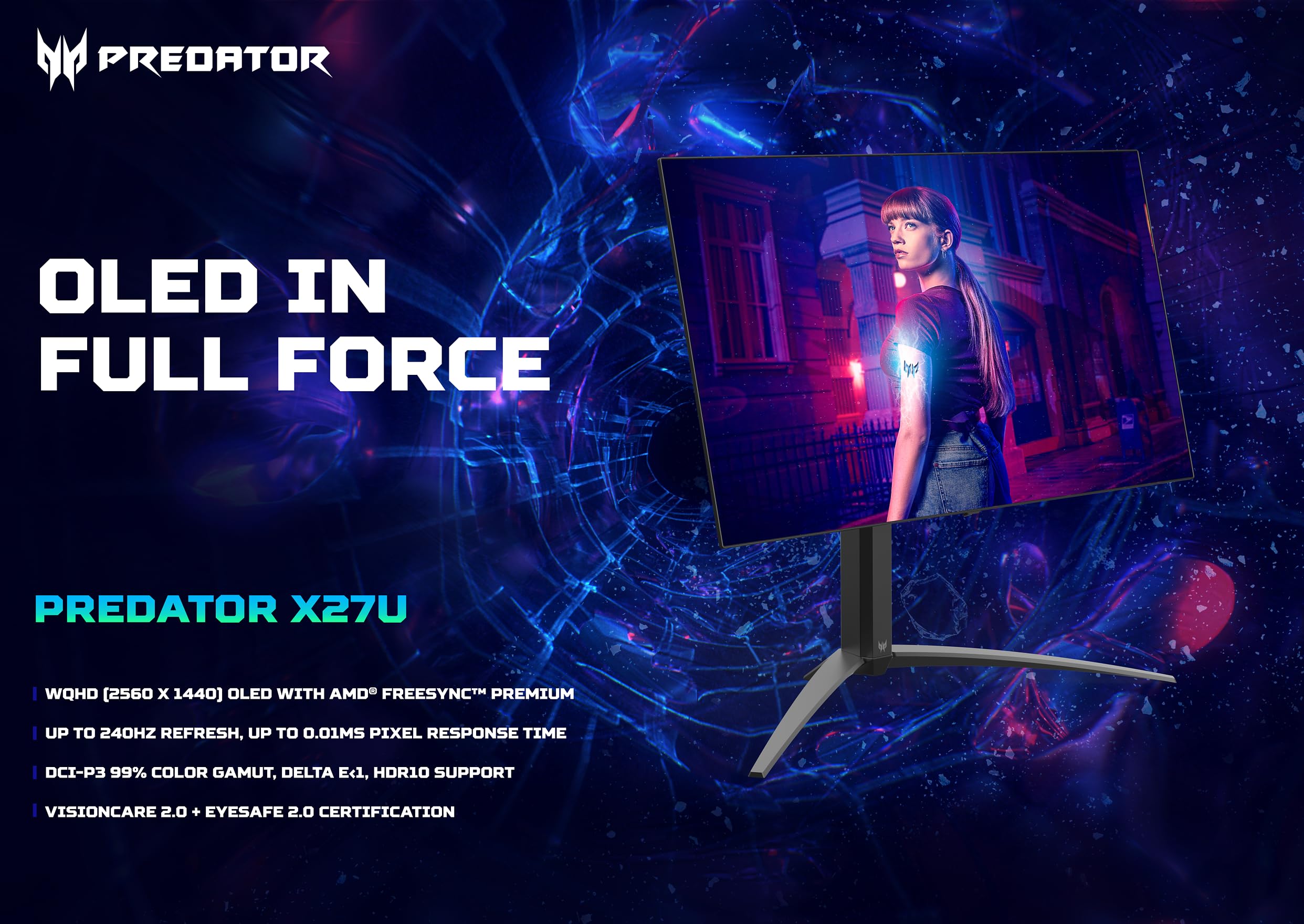 Acer Predator X27U | 27" WQHD 2560 x 1440 OLED Gaming Monitor | AMD FreeSync Premium | Up to 240Hz | Up to 0.01ms | 1000nits@HDR 3% | DCI-P3 99% | Delta E<1 | USB Type-C, DP 1.4 & 2 x HDMI 2.0