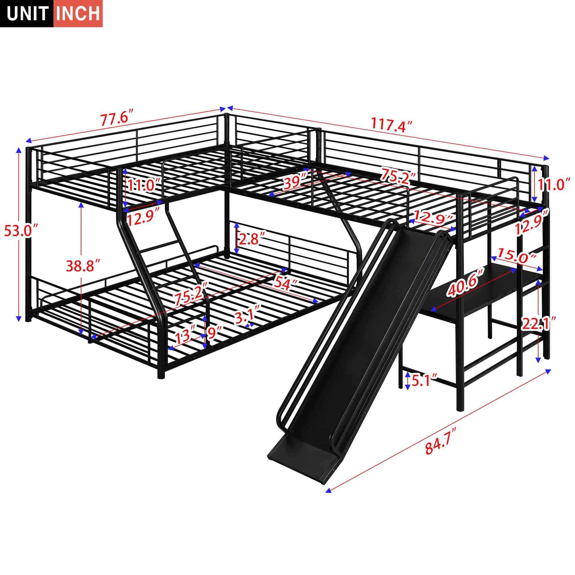 ATY L Shaped Full Bunk Bed with Twin Size Loftbed, Metal Bedframe w/Built-in Desk and Slide, for 3 People, Save Space Design, No Box Spring Required & Easy Assembly, Black