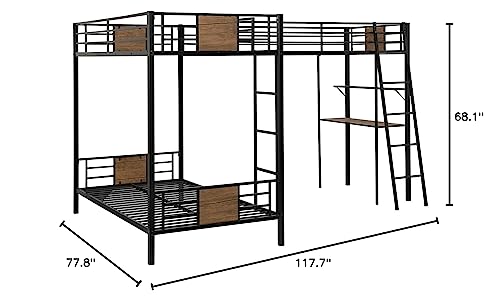 MOEO L-Shaped Twin Over Twin Metal Bunk Bed with Twin Size Loft Bedframe w/Desk and Shelf for 3 Kids, Adults, Bedroom, Bunkbed Attached, No Box Spring Need, Black