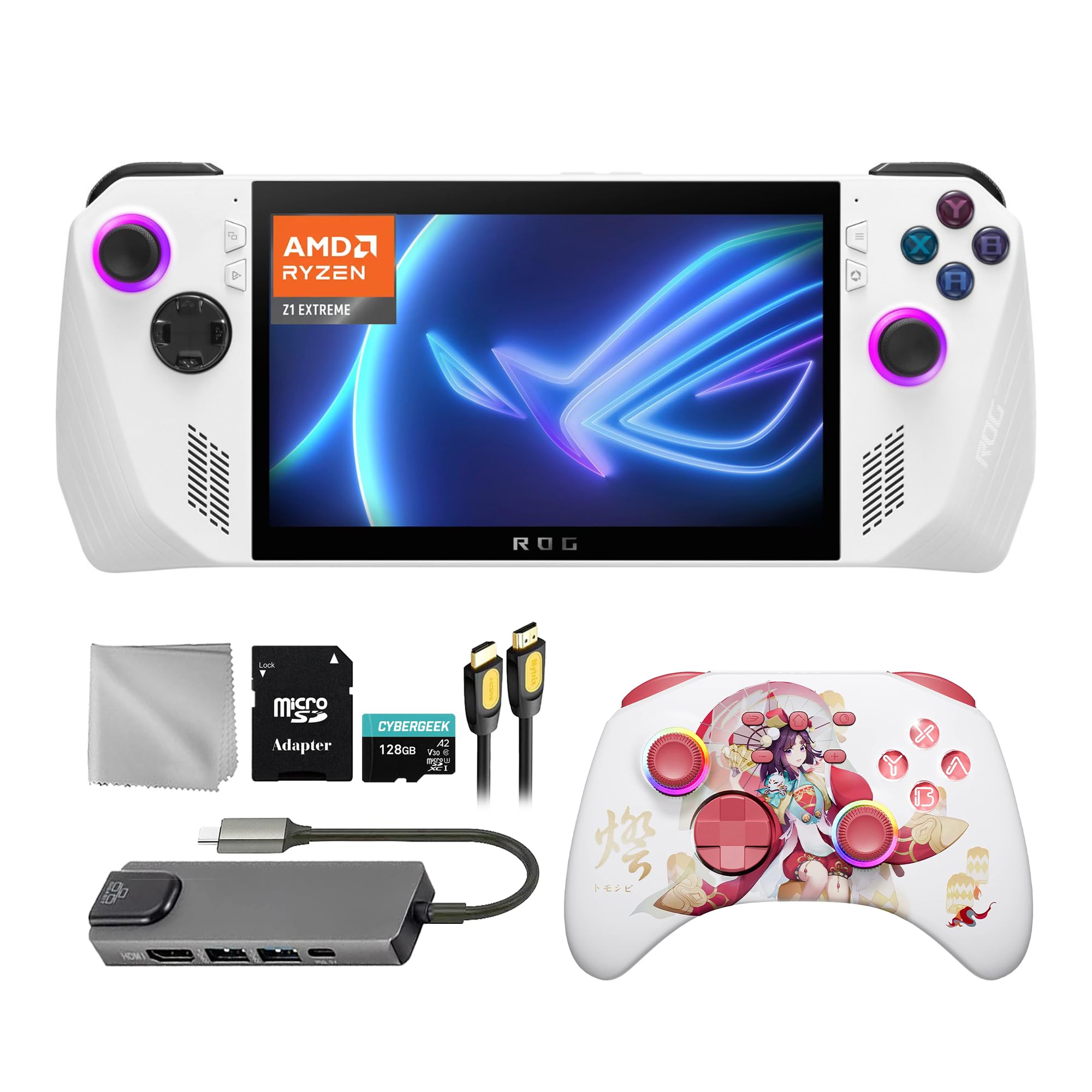 ASUS ROG Ally 512GB Gaming Handheld 7-inch Touchscreen 120Hz FHD 1080p AMD Ryzen Z1 Extreme Processor, Touro Wireless Pro Controller, Hub, 128GB MicroSD Card, 5 Accessories: 6 in 1 Bundle
