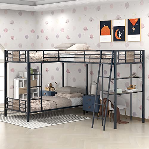 MOEO L-Shaped Twin Over Twin Metal Bunk Bed with Twin Size Loft Bedframe w/Desk and Shelf for 3 Kids, Adults, Bedroom, Bunkbed Attached, No Box Spring Need, Black