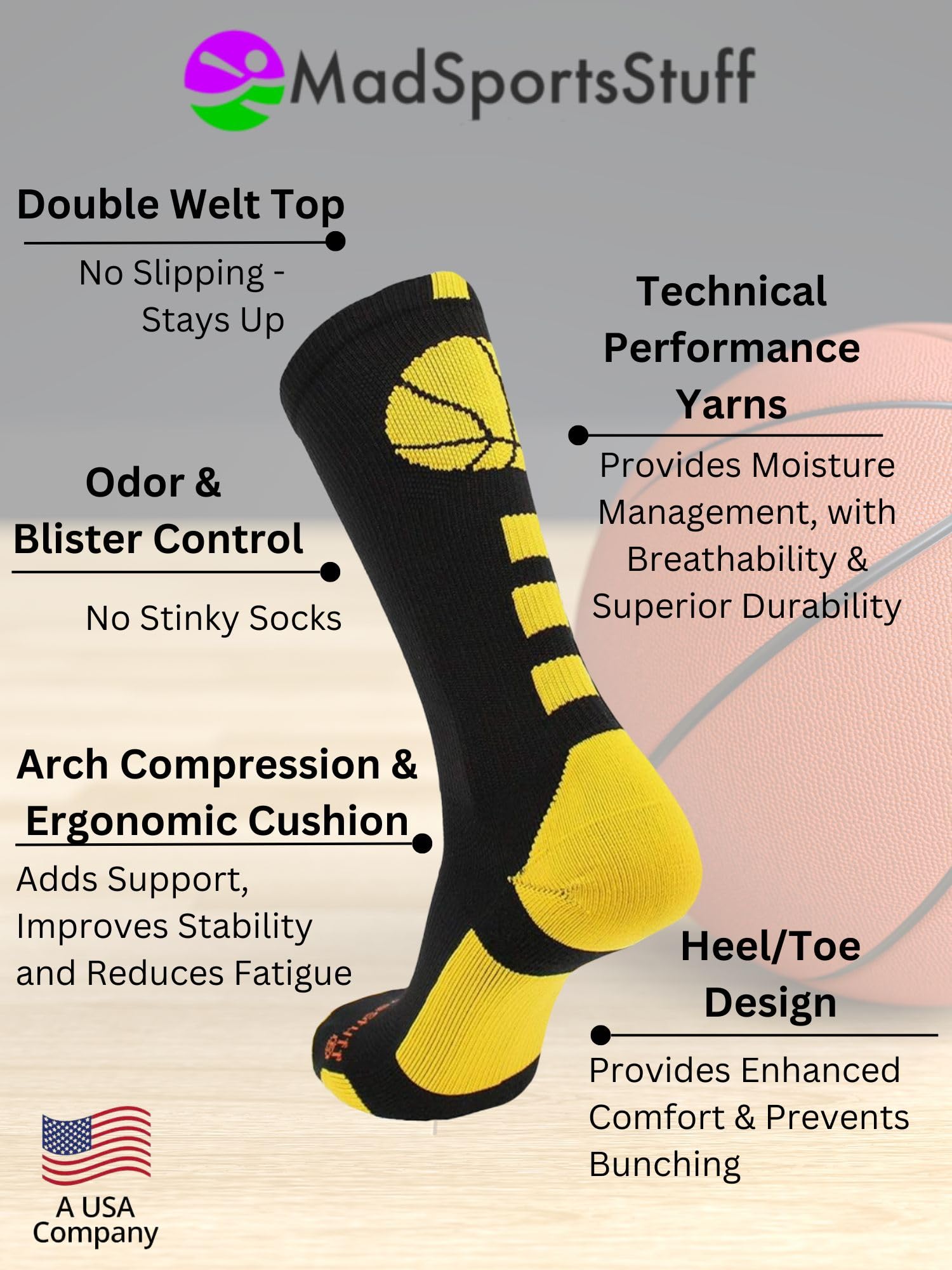 MadSportsStuff Basketball Logo Athletic Crew Socks, Medium - Black/Gold