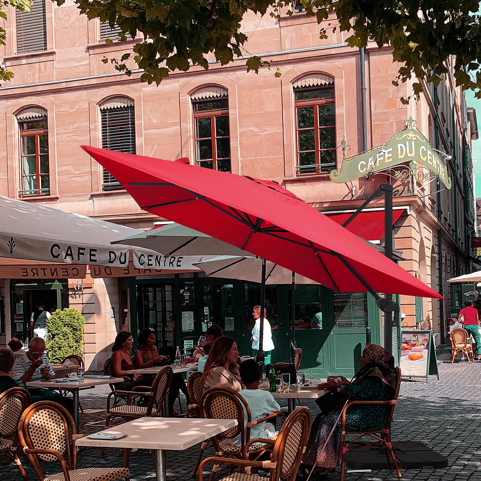 Sunnyglade 10x10Ft Cantilever Patio Umbrella Square Deluxe Offset Umbrella 360°Rotation & Integrated Tilting System Heavy Duty Patio Hanging Umbrella for Market Garden Deck Pool Backyard Patio (Red)