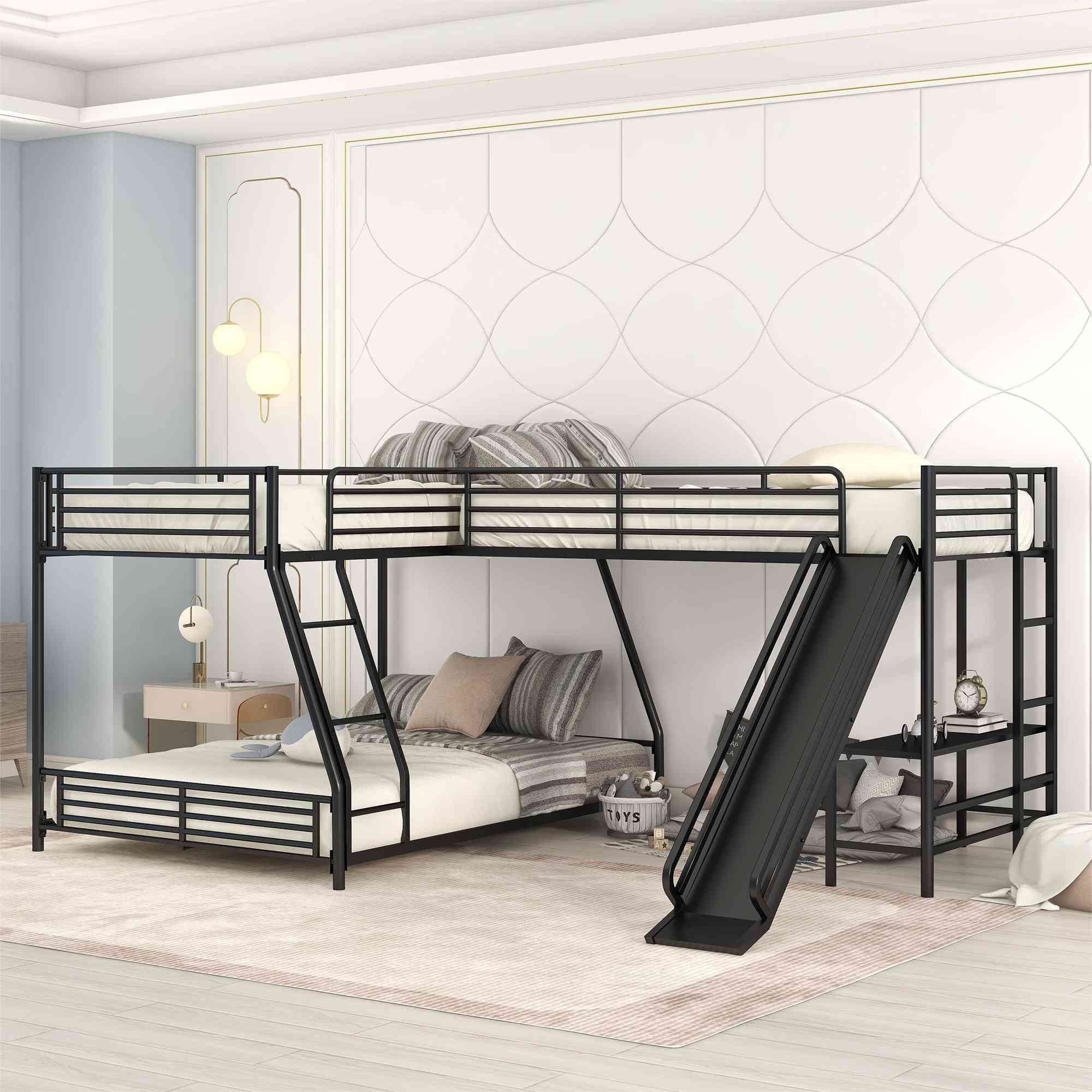 ATY L Shaped Full Bunk Bed with Twin Size Loftbed, Metal Bedframe w/Built-in Desk and Slide, for 3 People, Save Space Design, No Box Spring Required & Easy Assembly, Black