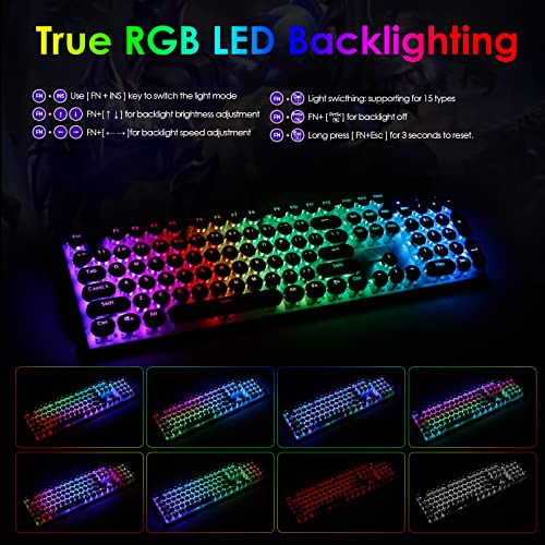 HUO JI E-Yooso Z-88 Mechanical Gaming Keyboard Wired Typewriter Style with Programmable RGB Backlit Clicky Blue Switches Retro Round Keycap Metal Panel for Mac/PC, White