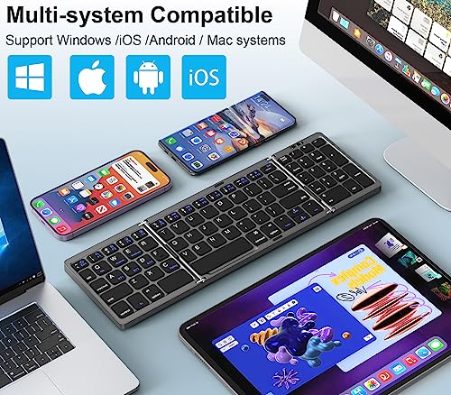 MoKo Foldable Bluetooth Keyboard, Multi-Device Folding Wireless Keyboard with Number Pad, Portable Keyboard for Laptop Tablet Phone, USB-C Rechargeable Travel Keyboard for Windows iOS Android, Gray