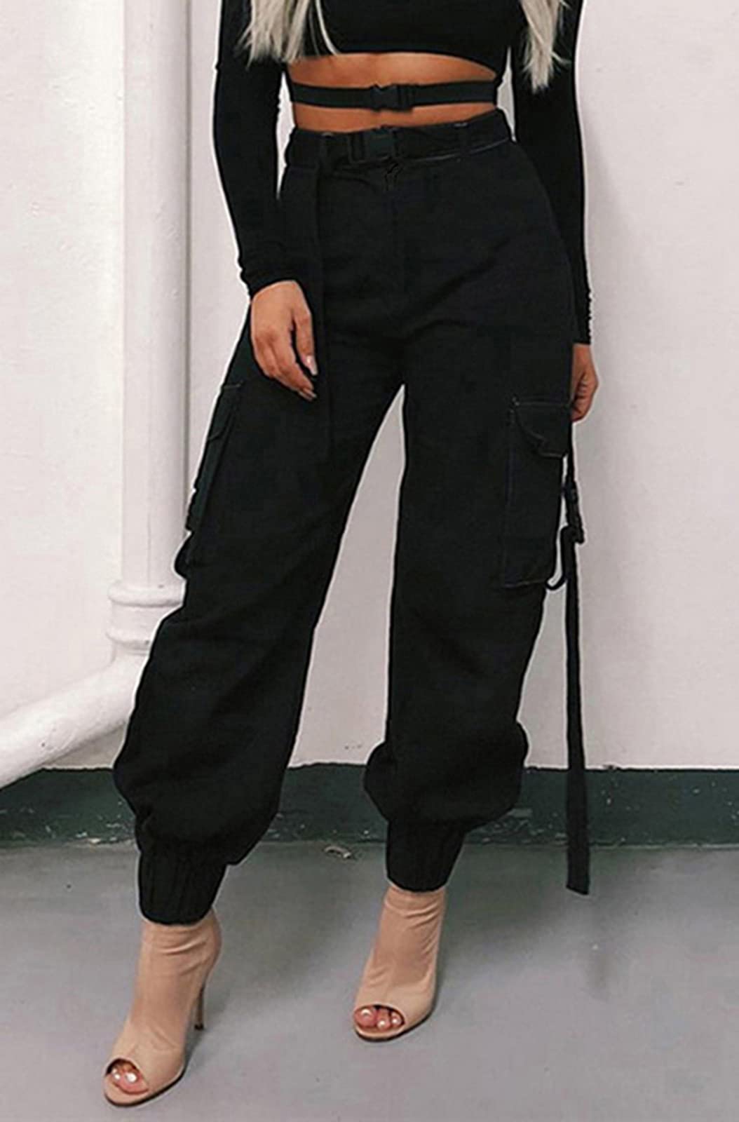 ZODLLS Women's Camo Pants Cargo Trousers Cool Camouflage Pants Elastic Waist Casual Multi Jogger Pants with Pocket Black Cargo#2-M