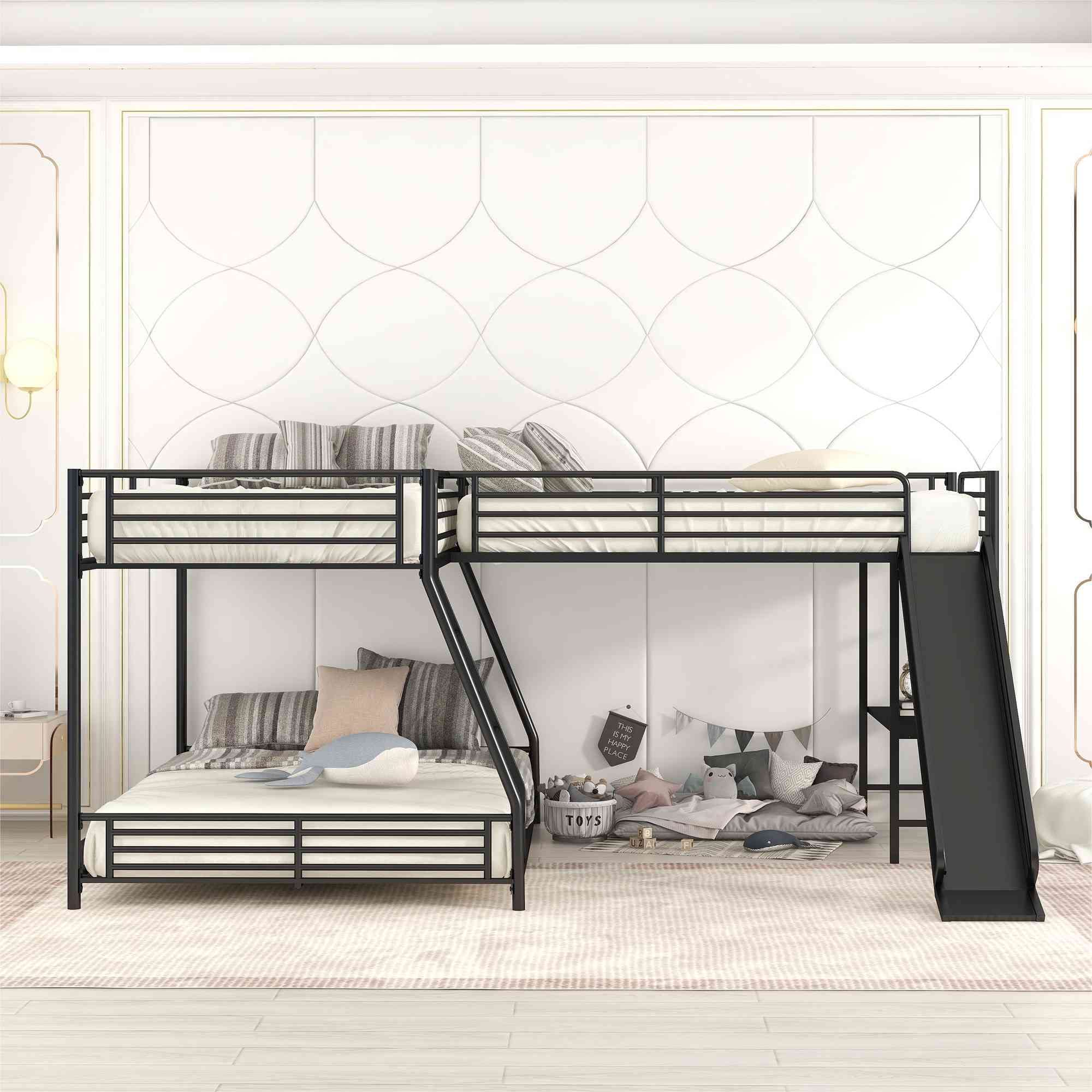 ATY L Shaped Full Bunk Bed with Twin Size Loftbed, Metal Bedframe w/Built-in Desk and Slide, for 3 People, Save Space Design, No Box Spring Required & Easy Assembly, Black