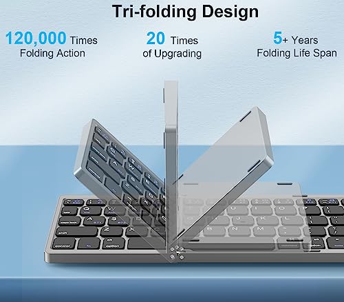MoKo Foldable Bluetooth Keyboard, Multi-Device Folding Wireless Keyboard with Number Pad, Portable Keyboard for Laptop Tablet Phone, USB-C Rechargeable Travel Keyboard for Windows iOS Android, Gray