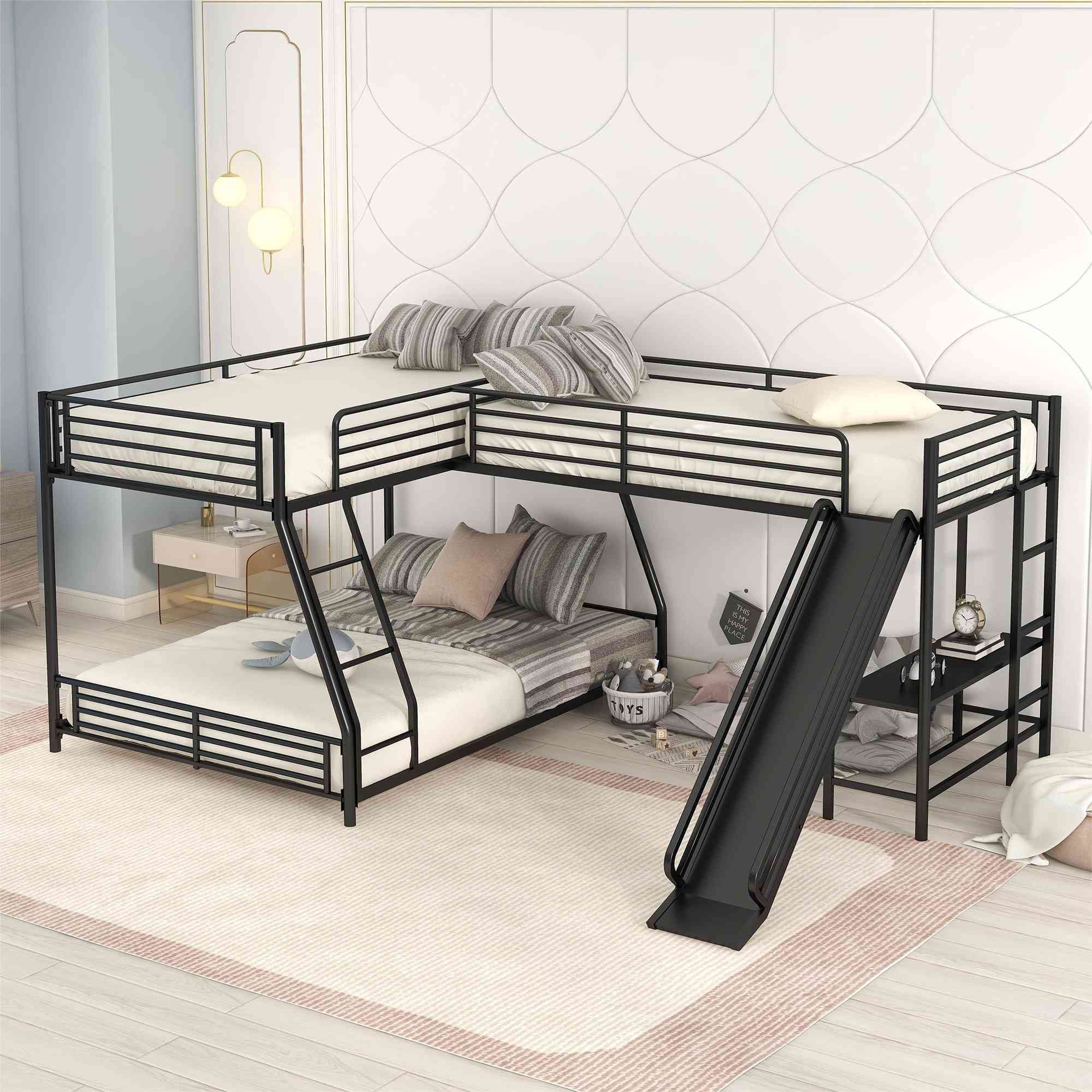 ATY L Shaped Full Bunk Bed with Twin Size Loftbed, Metal Bedframe w/Built-in Desk and Slide, for 3 People, Save Space Design, No Box Spring Required & Easy Assembly, Black