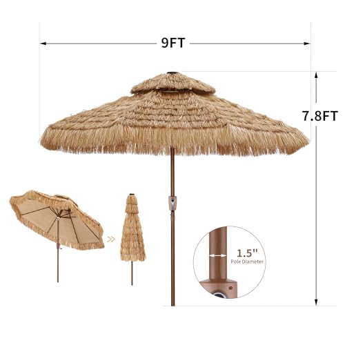 PUPZO 9 ft - Patio Umbrella, Tiki Thatched Outdoor Umbrella with Hawaiian Style Beach Umbrella with Center Light