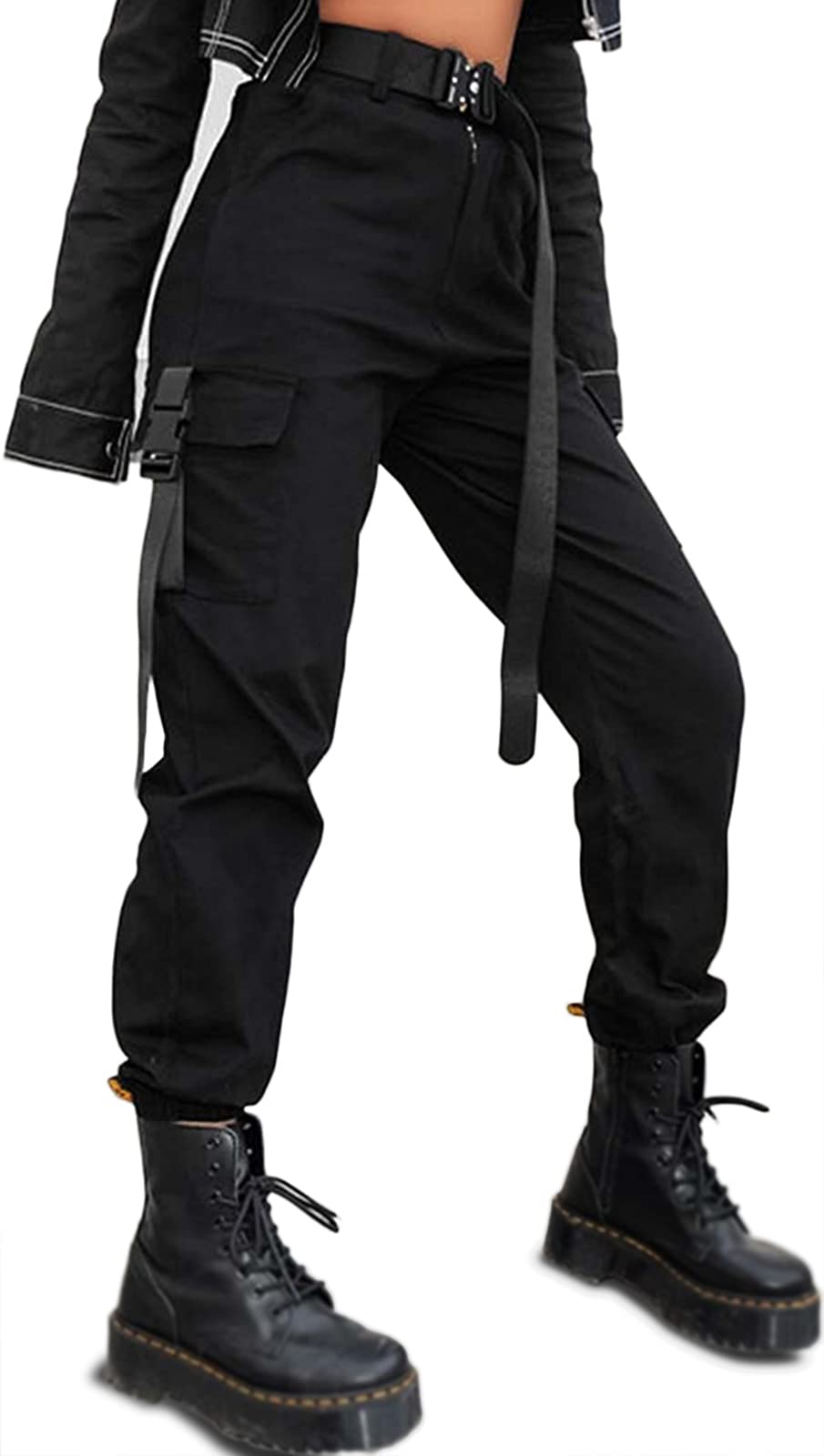 ZODLLS Women's Camo Pants Cargo Trousers Cool Camouflage Pants Elastic Waist Casual Multi Jogger Pants with Pocket Black Cargo#2-M