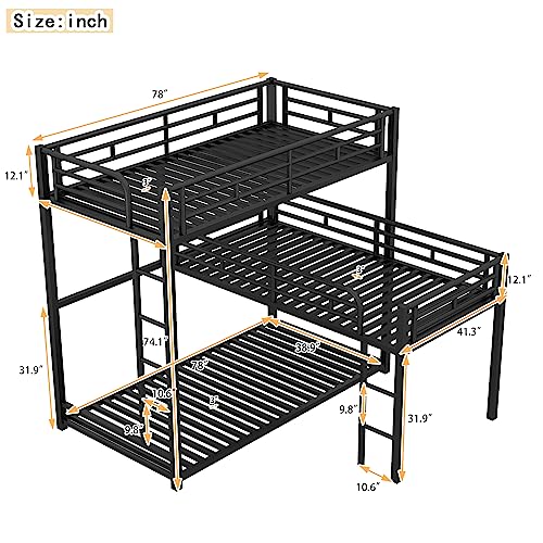 TARTOP Metal Triple Bunk Bed Twin Size, L-Shaped Metal Triple Bunk Bed Frame, 3 Beds Bunk Bed for Kids Teens Adults - Black
