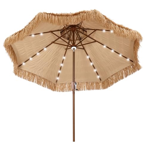 PUPZO 9 ft - Patio Umbrella, Tiki Thatched Outdoor Umbrella with Hawaiian Style Beach Umbrella with Center Light