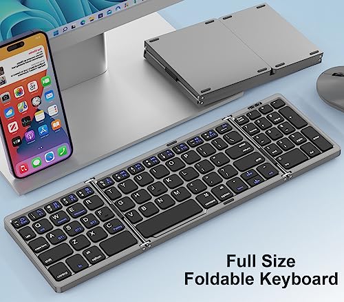 MoKo Foldable Bluetooth Keyboard, Multi-Device Folding Wireless Keyboard with Number Pad, Portable Keyboard for Laptop Tablet Phone, USB-C Rechargeable Travel Keyboard for Windows iOS Android, Gray