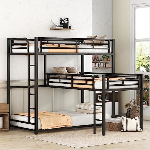 TARTOP Metal Triple Bunk Bed Twin Size, L-Shaped Metal Triple Bunk Bed Frame, 3 Beds Bunk Bed for Kids Teens Adults - Black