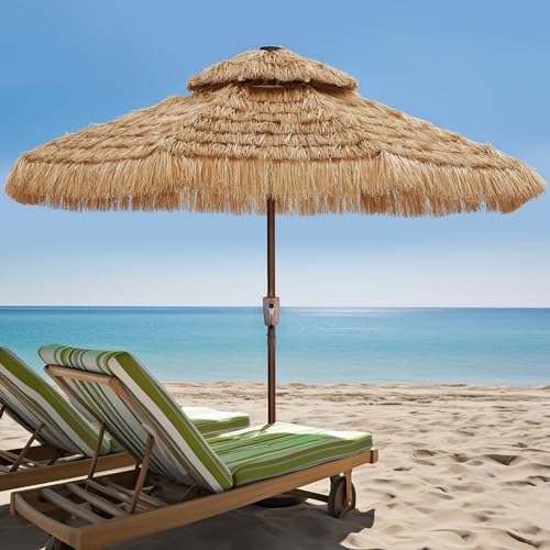 PUPZO 9 ft - Patio Umbrella, Tiki Thatched Outdoor Umbrella with Hawaiian Style Beach Umbrella with Center Light