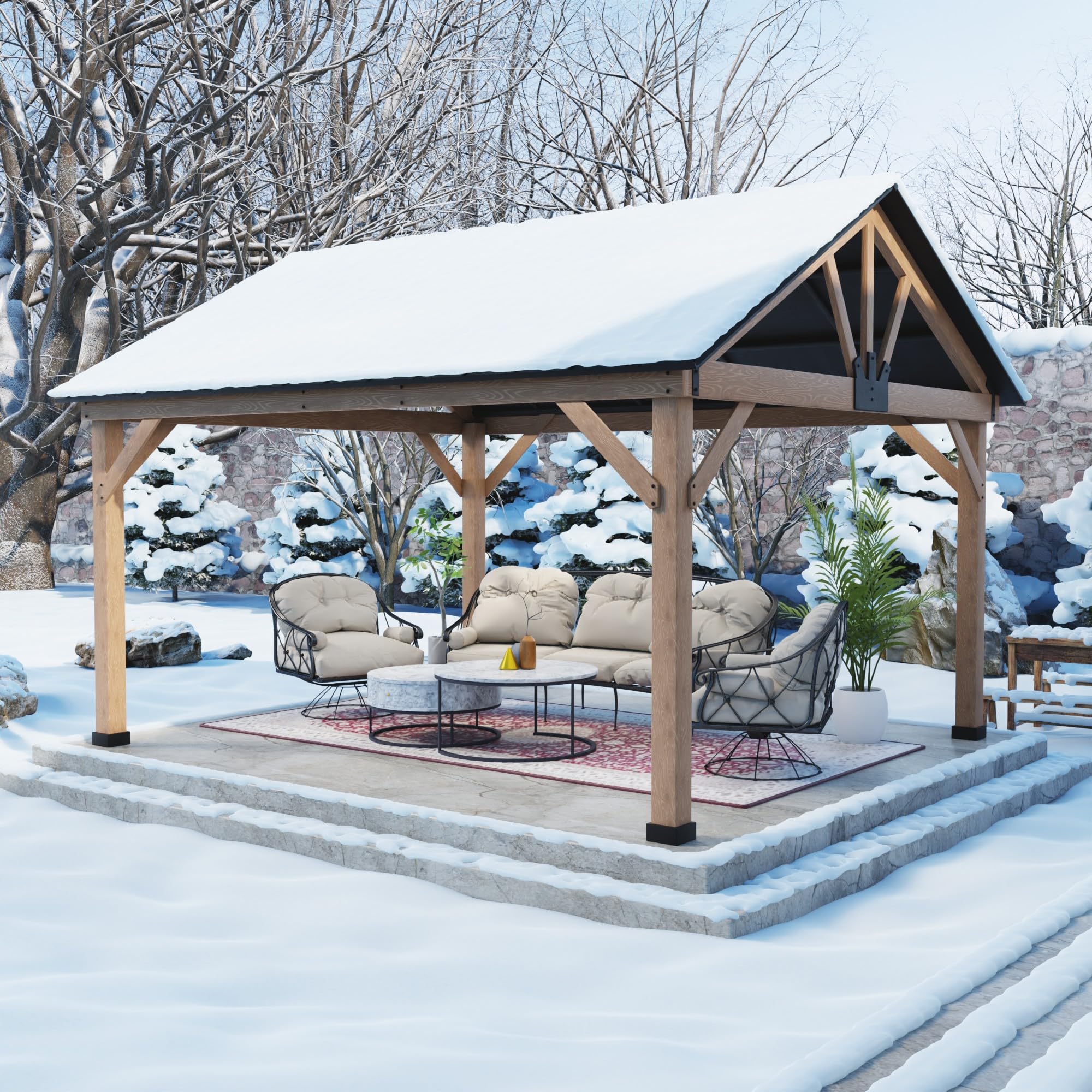 Joyside Cedar Wood Gazebo 13 x 15 ft. Wood Patio Gazebo - Cedar Wood Framed Gazebo with Metal Steel Gable Roof Hardtop Gazebo for Patio, Garden, Lawns and Parties