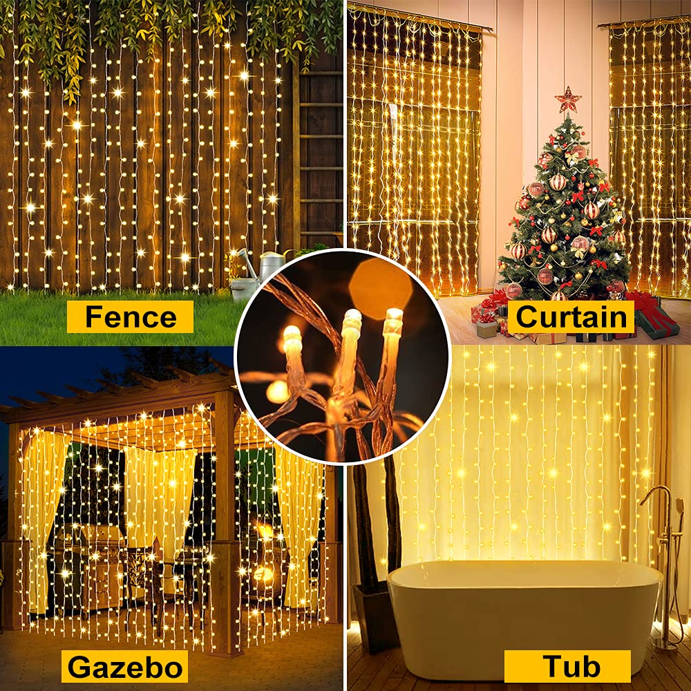 Upgraded Solar Curtain Lights Outdoor Garden Fairy String Lights 300 LED 8 Modes Remote Control Waterproof Solar Waterfall Lights for Gazebo Patio Party Festival Wedding Christmas Decorations(Warm)