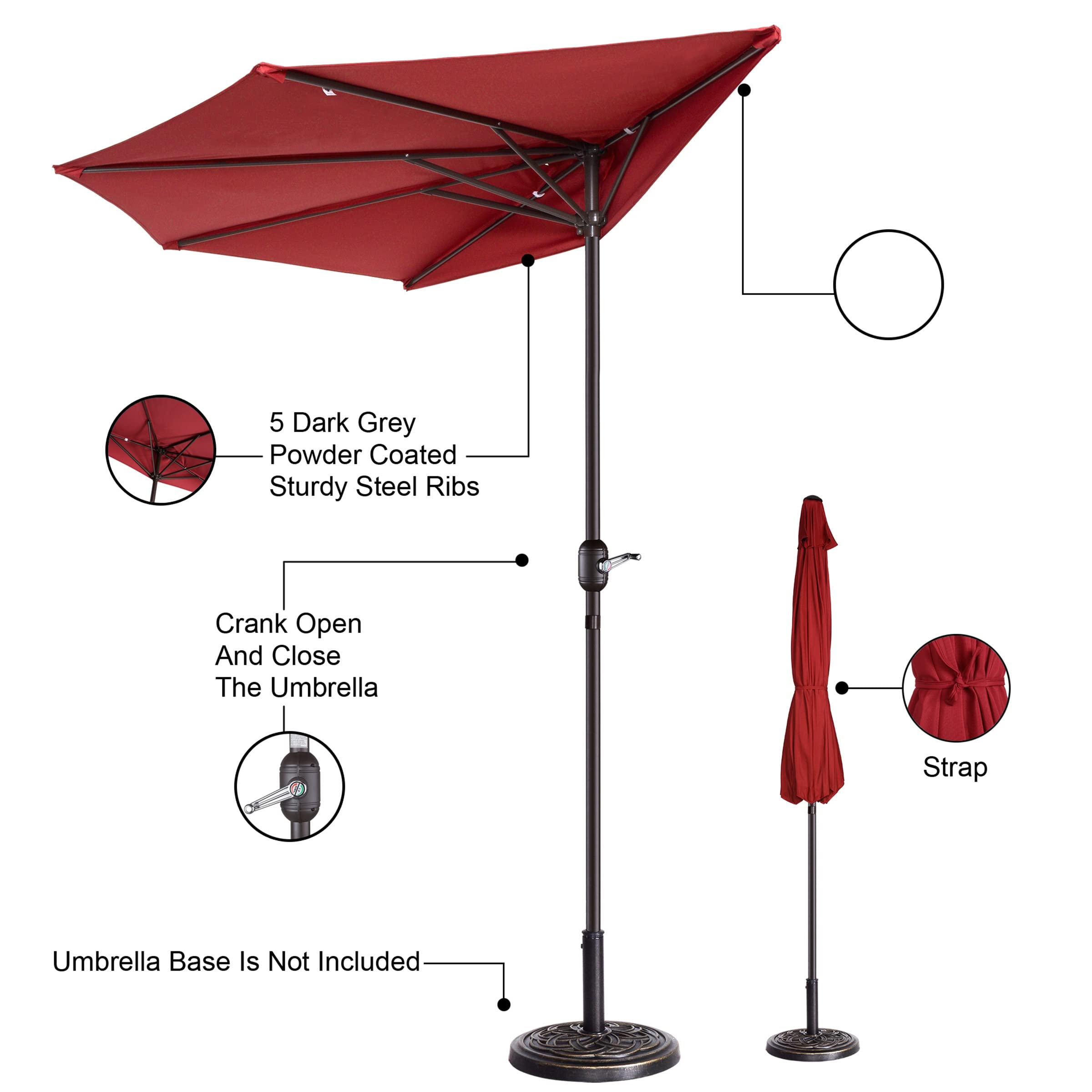 villacera 9' Outdoor Patio Half Umbrella with 5 Ribs, Fade Resistant Condo or Townhouse Umbrella in Red