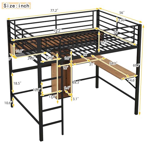ATY Full Size Loft Bed with Wooden L-Shaped Desk and Small Storage Cabinet, Sturdy Metal Bedframe w/Shelves & Ladder, Save Space Design, for Kids Bedroom, Drom, No Spring Need Required, Black