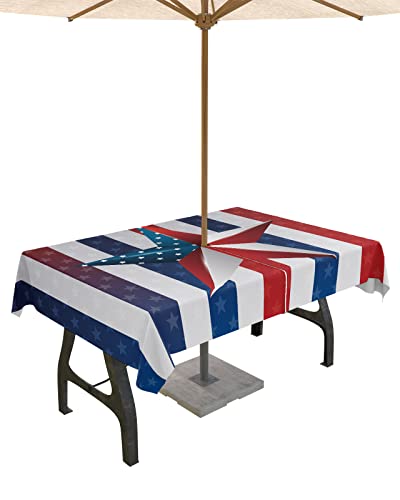 Outdoor Tablecloth with Umbrella Hole,July Patriotic Pentagram American Flag Spillproof Table Cloth for Rectangle Tables,Red Blue Stars Stripes Zippered Table Cover Washable Tablecloths for Patio