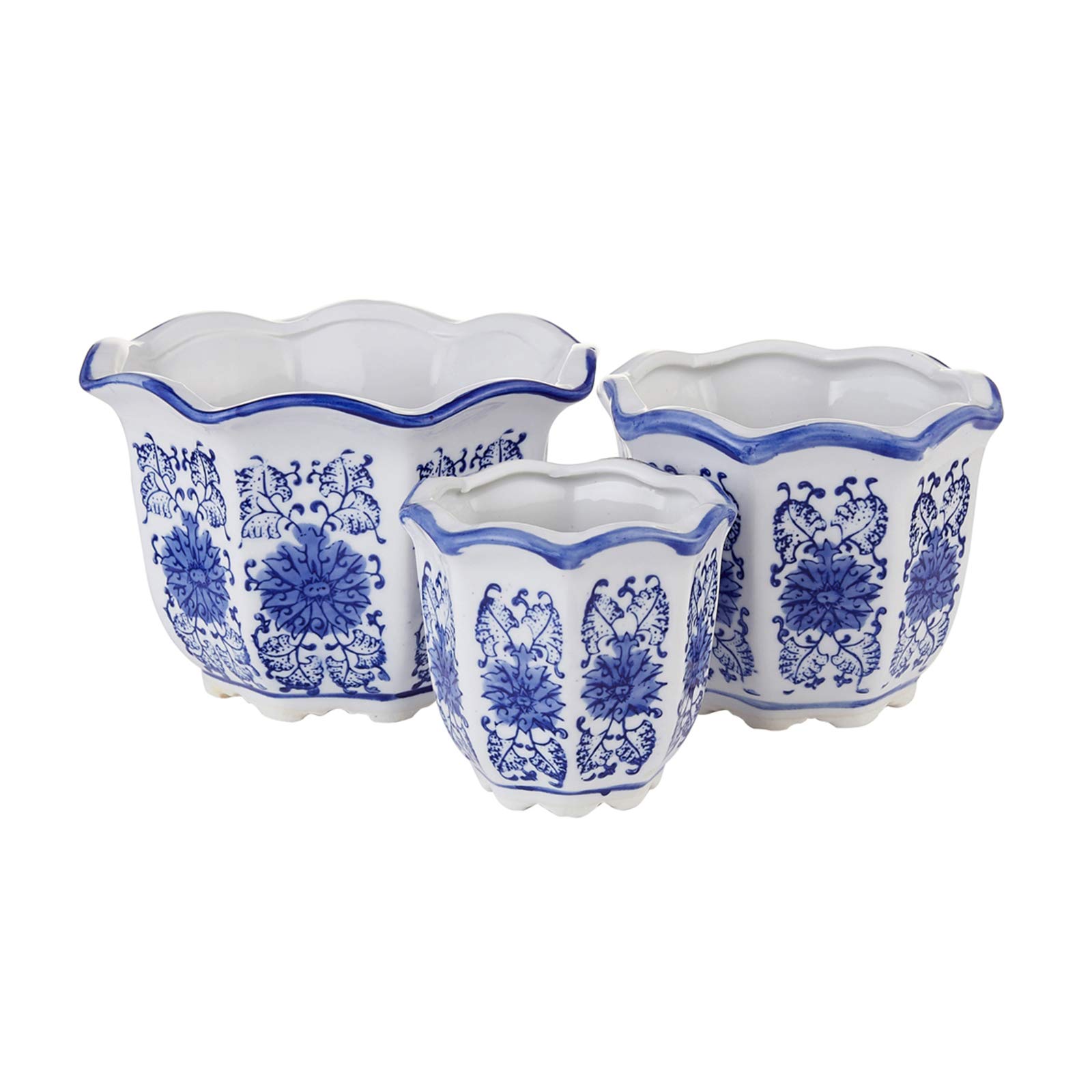 HakkaGirl Ceramic Pots for Plants, Chinoiserie Décor Ceramic Flower Pots Planters for Indoor Plants with Drainage, Blue and White, Set of 3