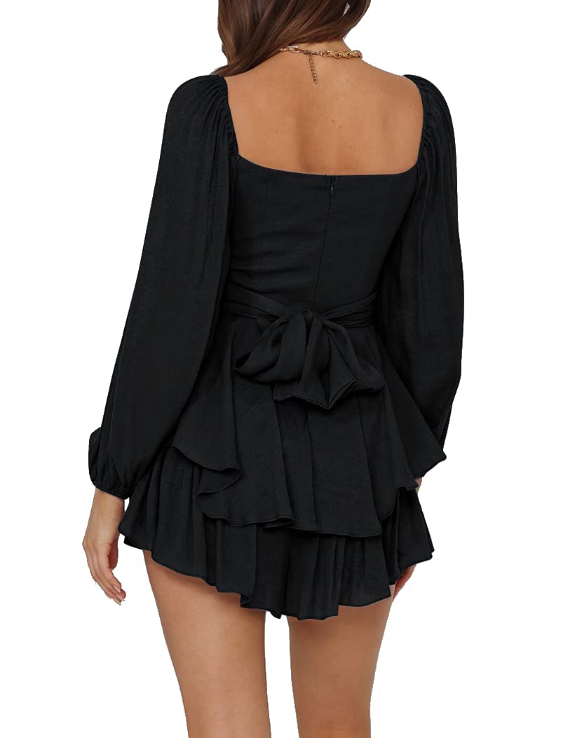 LYANER Women's Jumpsuit Lantern Long Sleeve Ruffle Layer Tie Mini Short Romper Solid Black Small