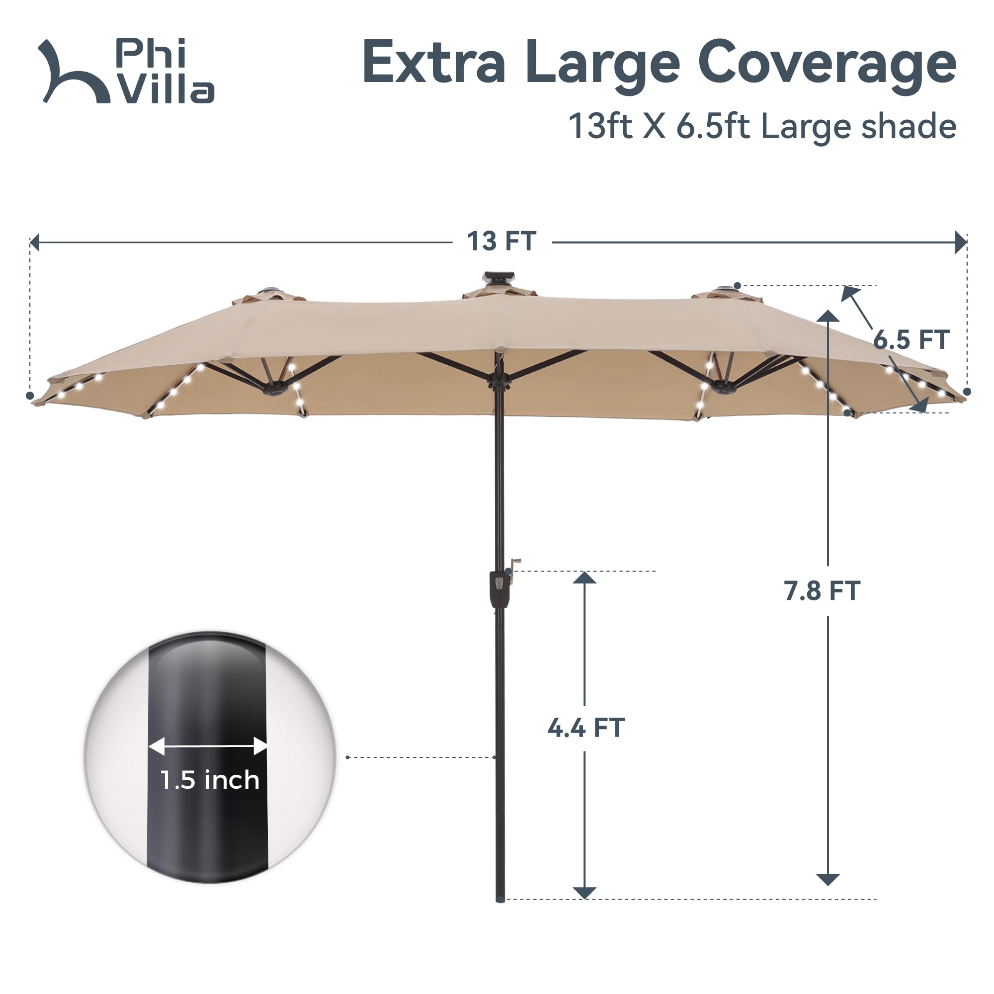 PHI VILLA 13ft Large Patio Umbrella with Solar Lights, Double-Sided Outdoor Market Rectangle Umbrella with 120 PCS LED Lights, Beige (No Base)