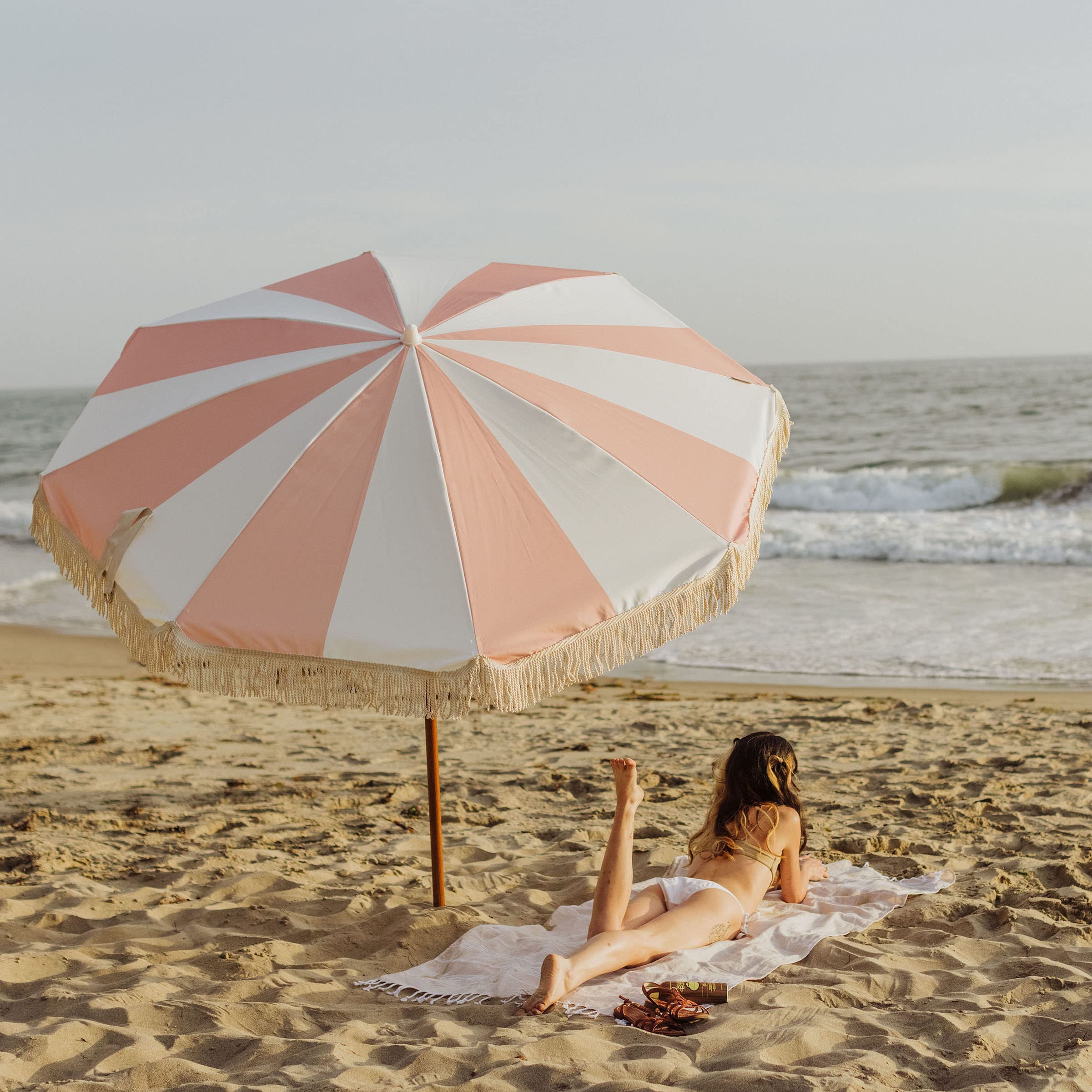 Beach State Summerland 6.5 Feet Beach Umbrella with Fringe - Outdoor Umbrella - UV50+ Sun Protection (Pink Salt Stripes)