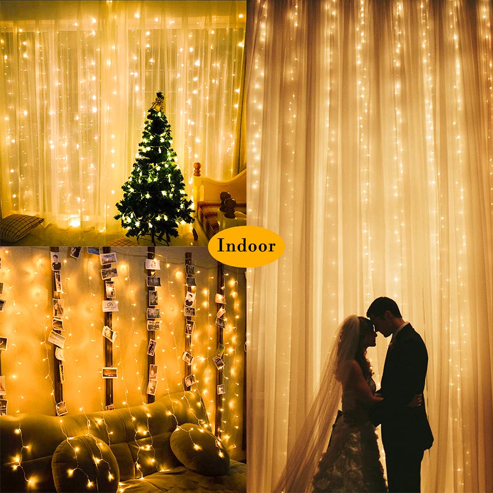 Upgraded Solar Curtain Lights Outdoor Garden Fairy String Lights 300 LED 8 Modes Remote Control Waterproof Solar Waterfall Lights for Gazebo Patio Party Festival Wedding Christmas Decorations(Warm)
