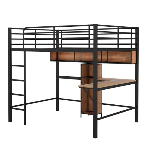 ATY Full Size Loft Bed with Wooden L-Shaped Desk and Small Storage Cabinet, Sturdy Metal Bedframe w/Shelves & Ladder, Save Space Design, for Kids Bedroom, Drom, No Spring Need Required, Black