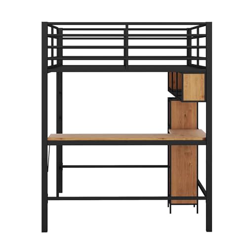 ATY Full Size Loft Bed with Wooden L-Shaped Desk and Small Storage Cabinet, Sturdy Metal Bedframe w/Shelves & Ladder, Save Space Design, for Kids Bedroom, Drom, No Spring Need Required, Black