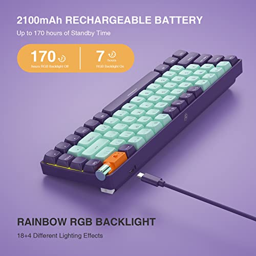 ROYALAXE R68 60% Wireless Mechanical Keyboard, Hot Swappable Custom Keyboard,Pre-lubed Gateron Pro Yellow Switches RGB Gaming Keyboard, 2.4GHz/Type-C/BT5.0 Mechanical Keyboard (Purple & Cyan)