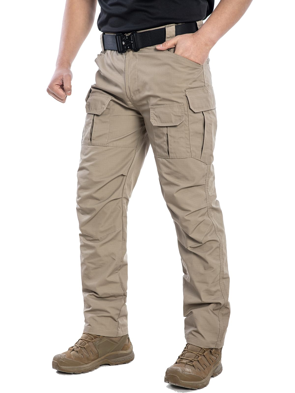 NAVEKULL Men's Outdoor Tactical Pants Rip Stop Lightweight Waterproof Military Combat Cargo Work Hiking Pants Khaki