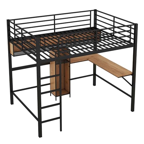 ATY Full Size Loft Bed with Wooden L-Shaped Desk and Small Storage Cabinet, Sturdy Metal Bedframe w/Shelves & Ladder, Save Space Design, for Kids Bedroom, Drom, No Spring Need Required, Black