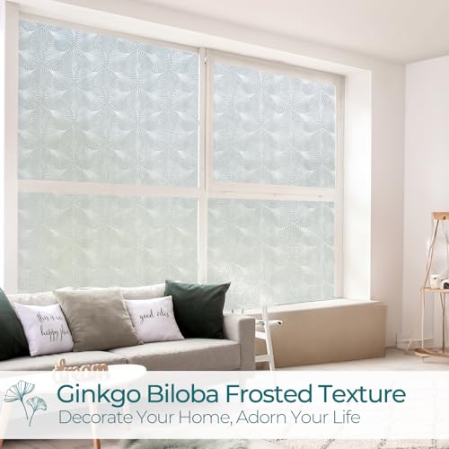 Windimiley Privacy Window Film Frosted Glass Window Cling Bathroom Peel and Stick Sun Blocking Decorative Ginkgo Opaque Door Window Tint for Home, 17.5x157.4 Inch