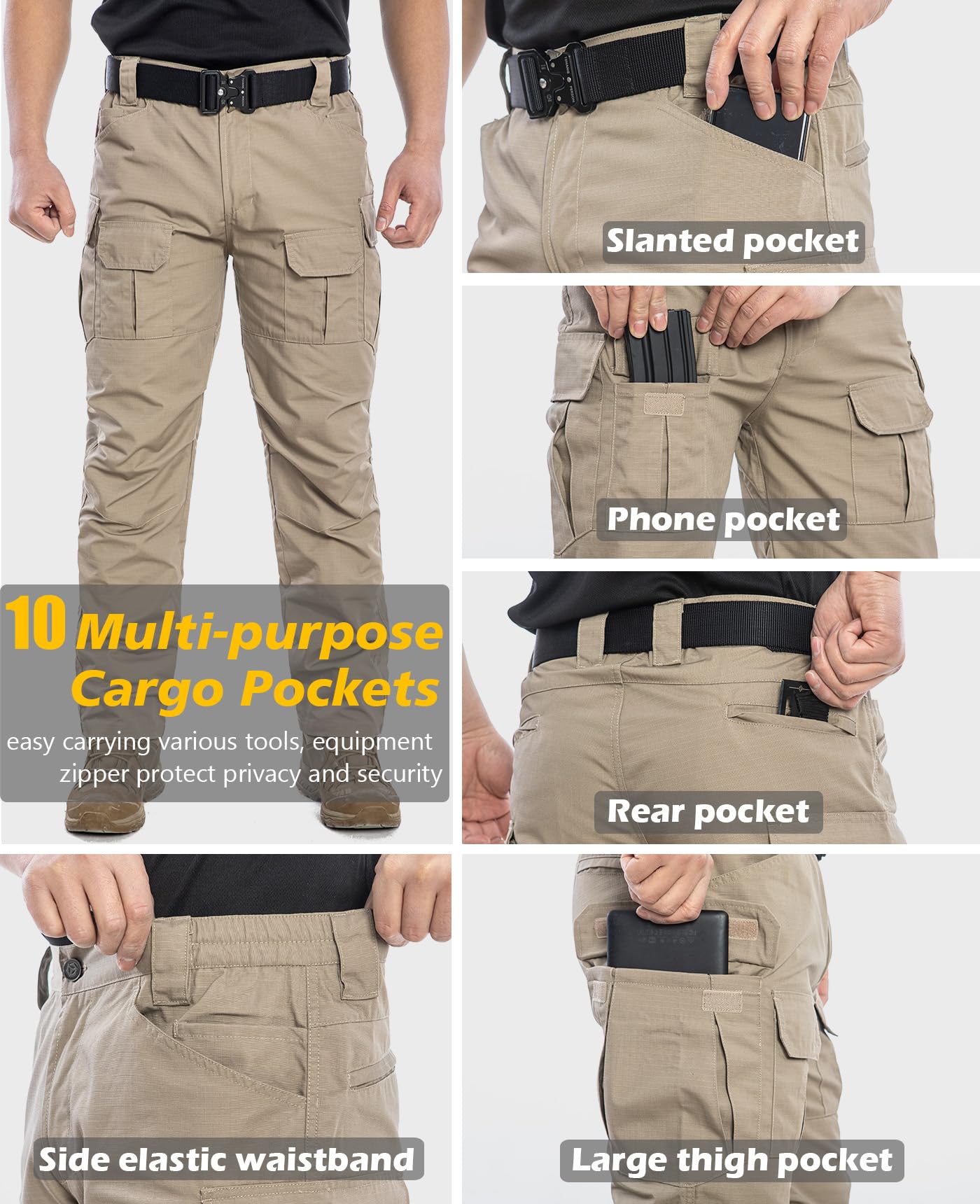 NAVEKULL Men's Outdoor Tactical Pants Rip Stop Lightweight Waterproof Military Combat Cargo Work Hiking Pants Khaki