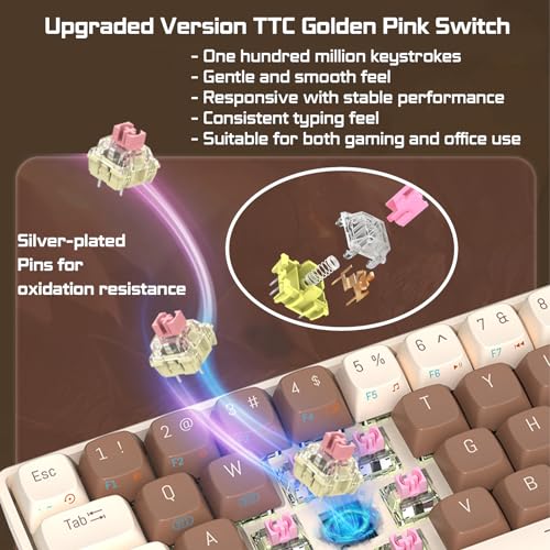 ROYALAXE R100 Wireless Mechanical Keyboard, Upgraded TTC Gold Pink Switches, Hot Swappable Wired/Bluetooth 5.0/2.4G Wireless Keyboard with RGB Light for Windows & Mac, PBT Keycaps, Lava Brown